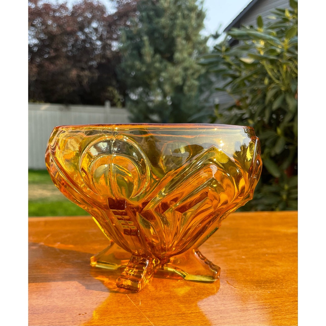 Sowerby Art Deco Amber British Pressed Glass Footed Posy Bowl Vase ...