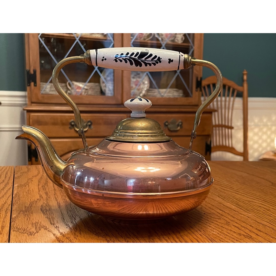 Vintage Primitive Style 1950s Copper Brass Kettle With Ceramic Delft ...
