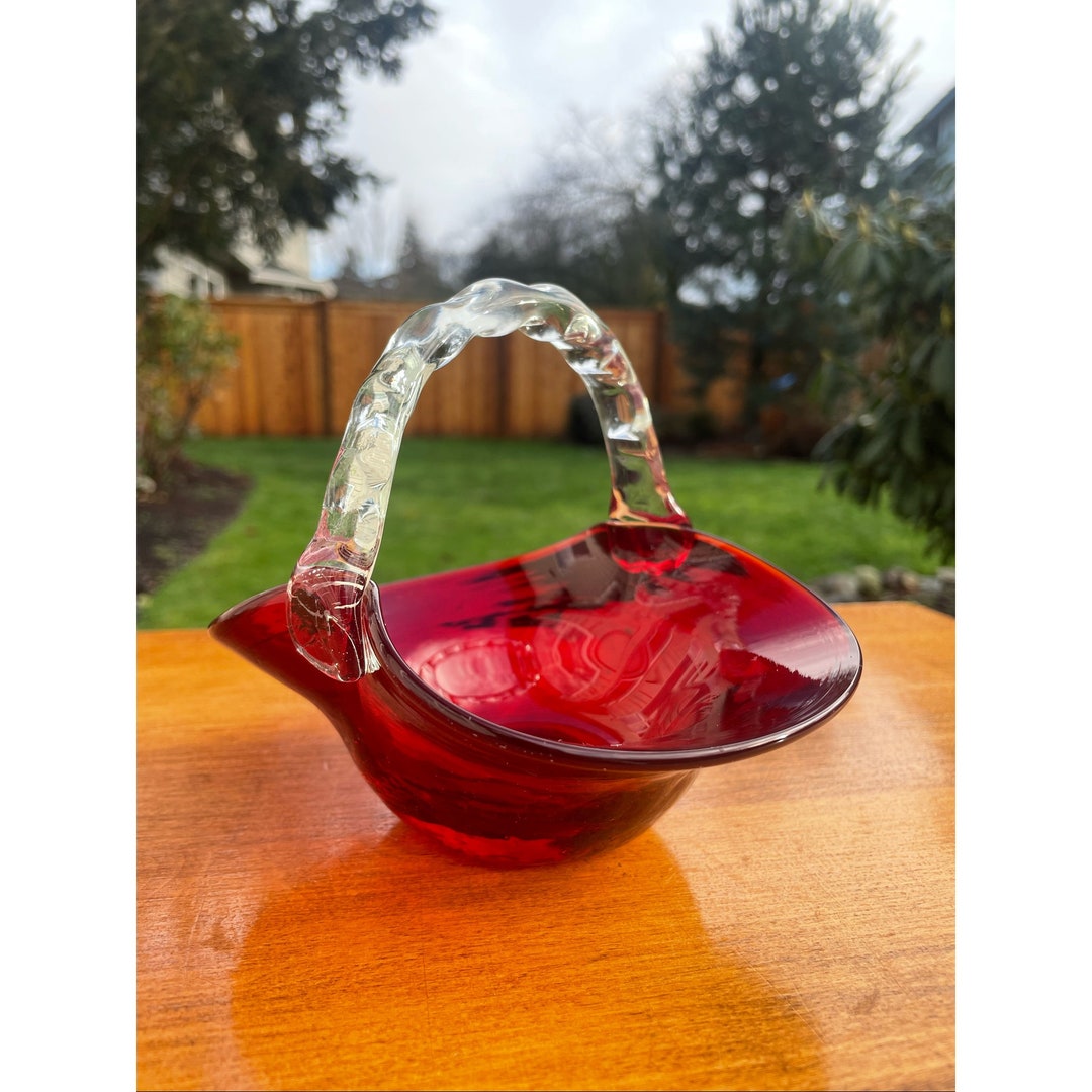 Ruby Red Hand Blown Textured Glass Basket Thumbprint Clear Applied ...