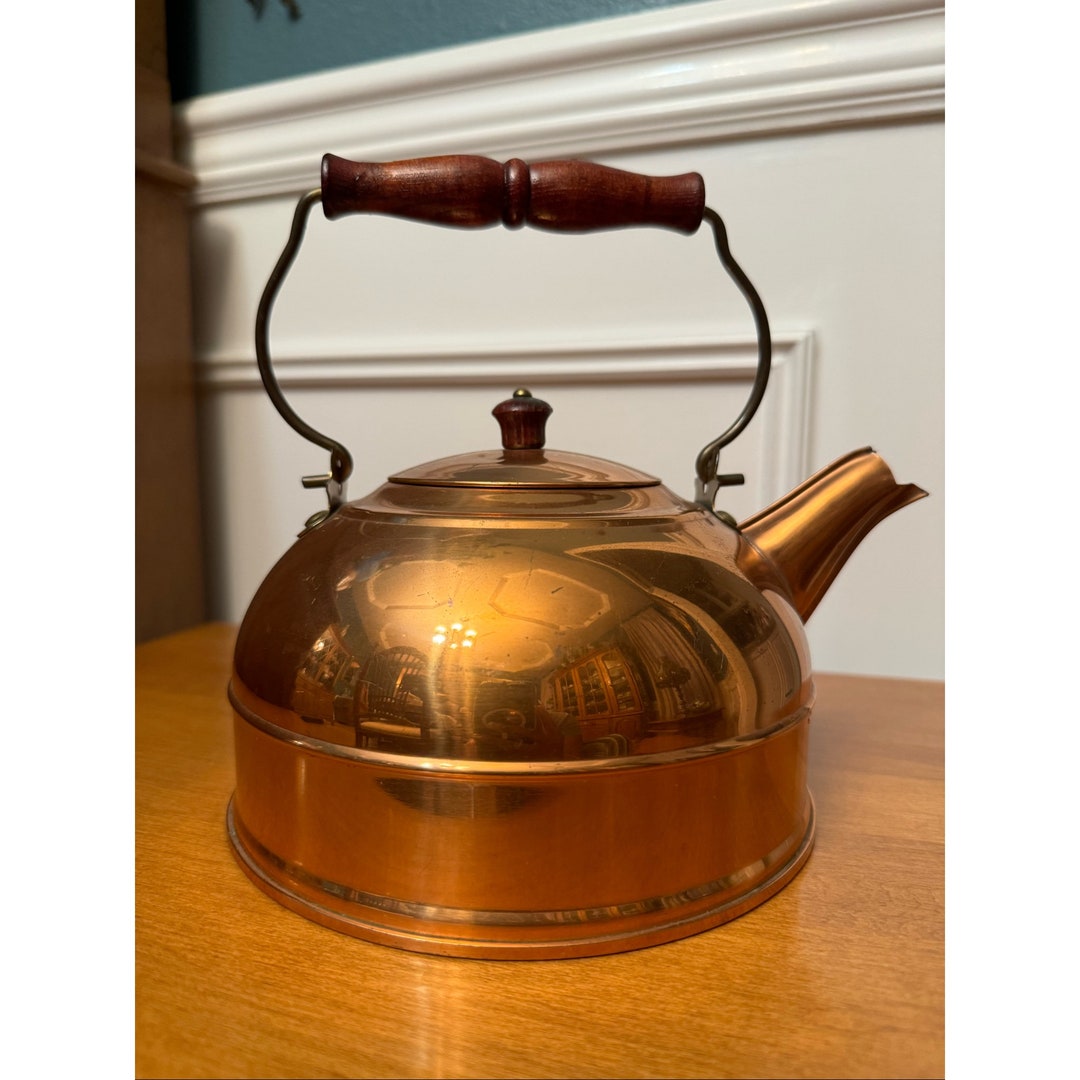 Vintage Singed Old Salem Copper Colored Tea Pot Tea Kettle Bronze Wood ...