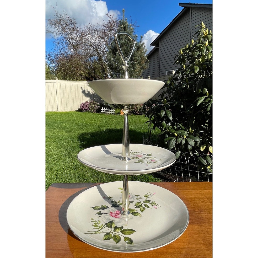Vintage 3 Tiered Fancy Cake Stand White Rose Silver Trim Porcelain ...
