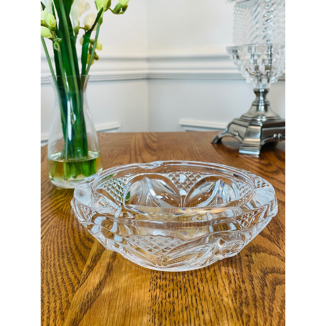 Vintage Elegant Clear Cut Glass Three Notch Deep Heavy Ashtray Mid ...