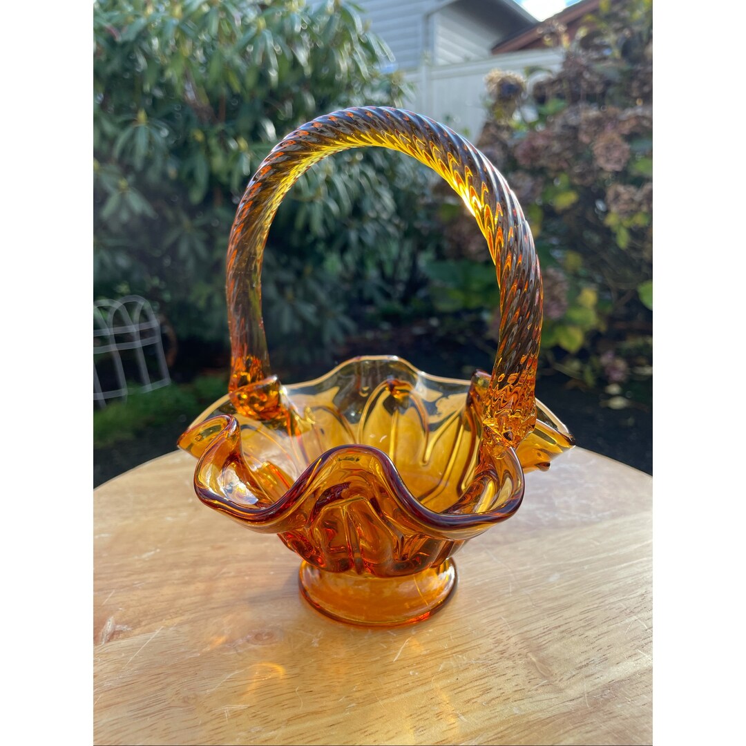 Vintage Fenton Art Glass Amber Gold Lamb's Tongue Wedding Shower Basket ...