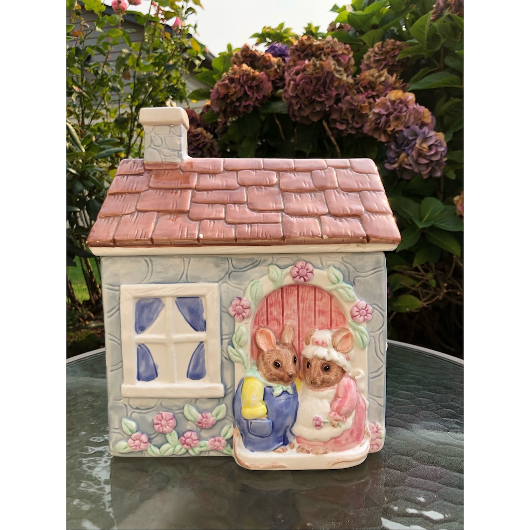 Vintage 1980s Large Ceramic Bunny Cottage Chimney House Lidded Cookie ...