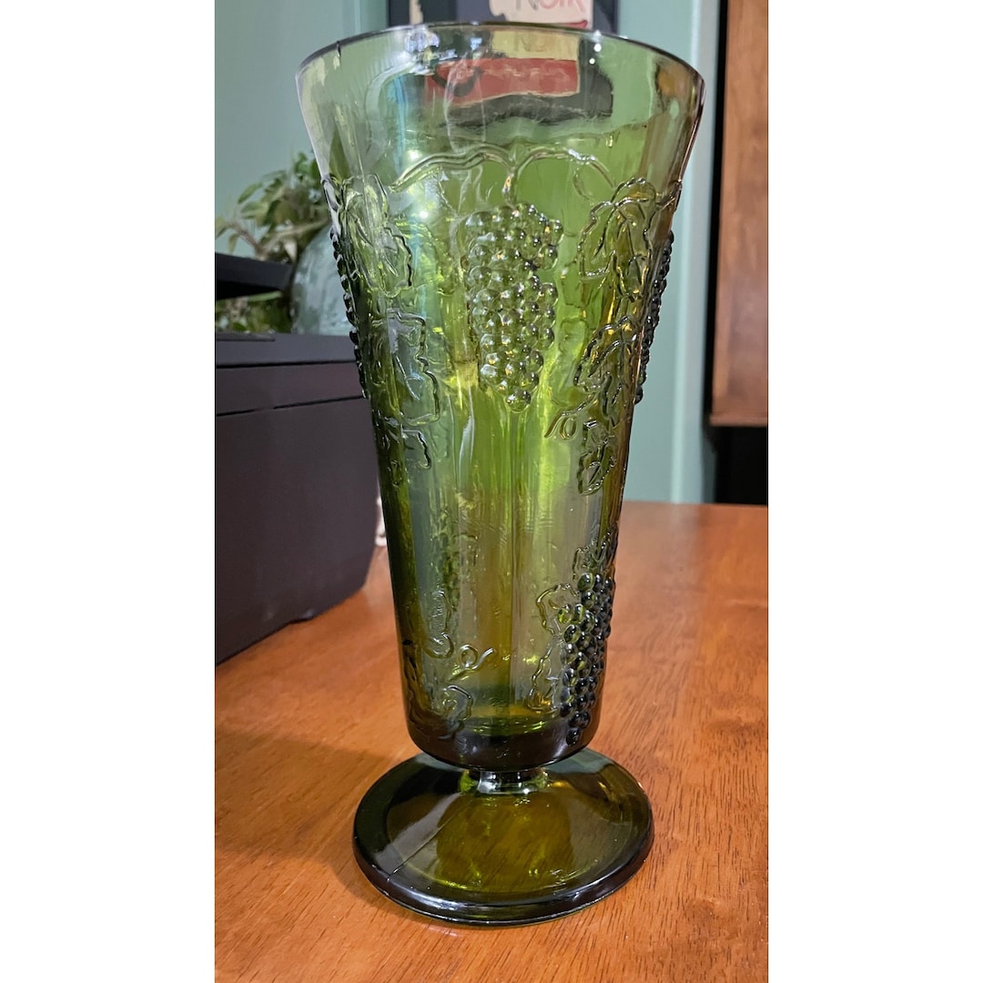 Vintage Tall Footed Green Harvest Grape Pattern Glass Pedestal Flower ...