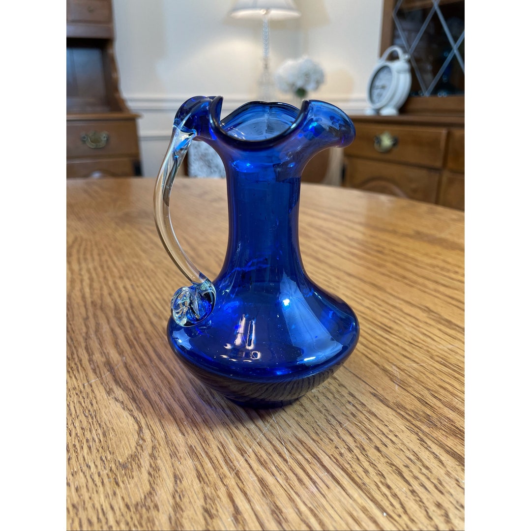 Mid Century Cobalt Blue Blown Glass Art Glass Mini Pitcher With Clear ...