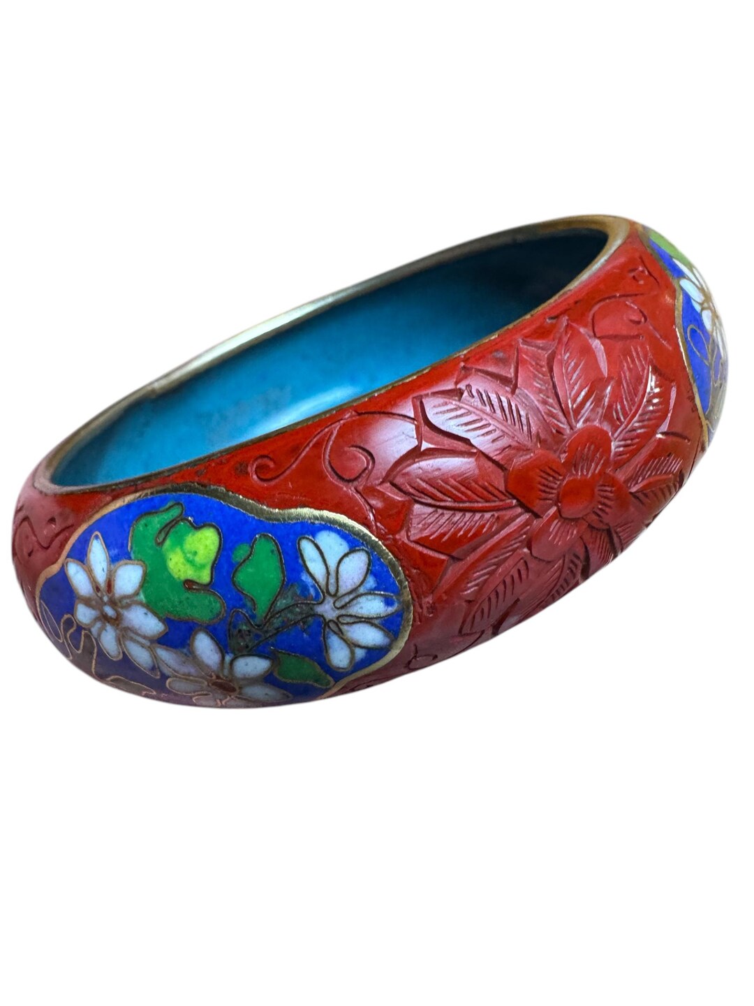 Vintage Chinese Carved Cinnabar & Cloisonné Bracelet - Enamel Floral ...