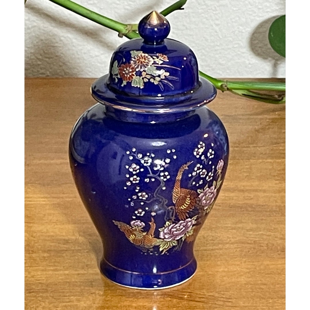 Vintage Japanese Art Urn Vase With Lid Cobalt Blue Gold Hand Painted ...