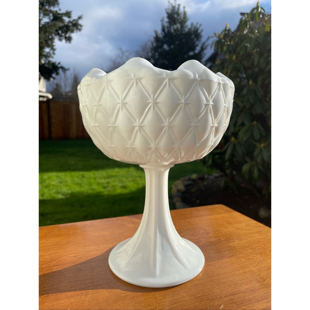 Vintage Milk Glass Duette Quilted Diamond Pattern Tall Candy Dish Art ...