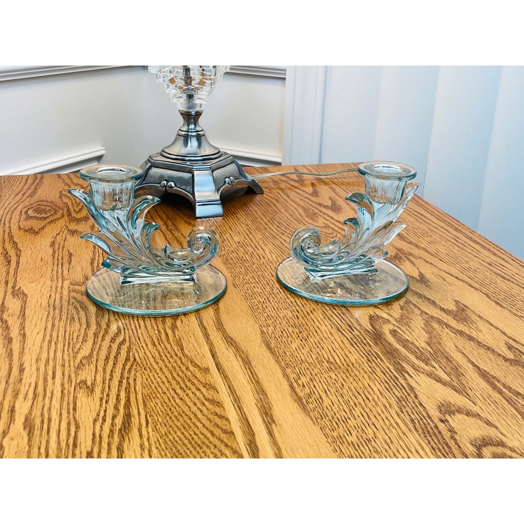 Vintage 1940s Baroque Cornucopia Fancy Flame Stem Aqua Marine Glass ...