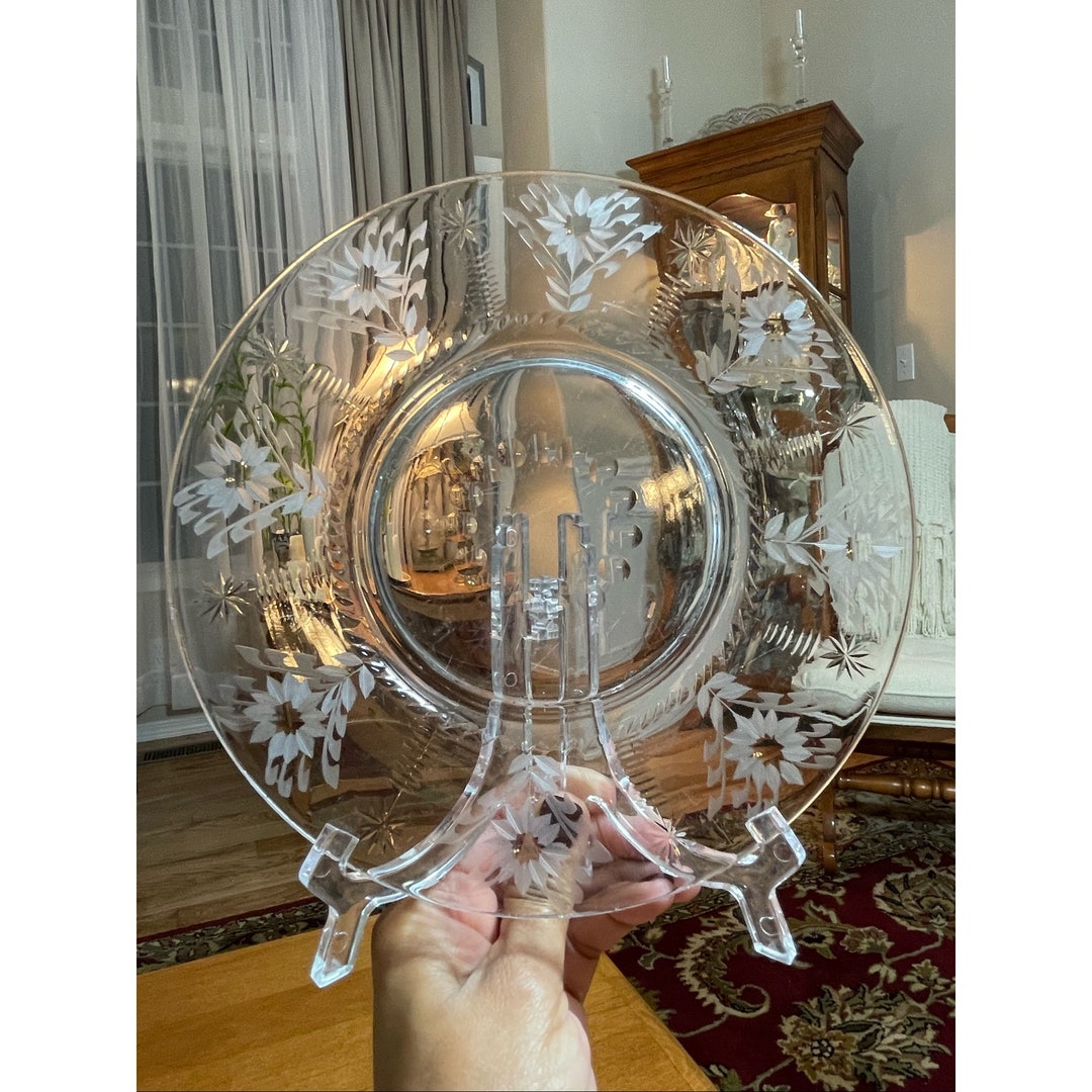 Vintage Etched Frosted Floral Aztec Clear Cut Glassware Luncheon Dessert Depression Glass Party