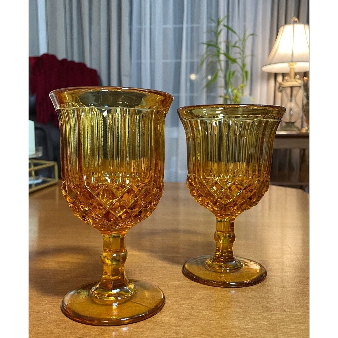 Vintage Rare Pattern Amber Diamond Point Ribbed Heavy Glass Goblets Set ...