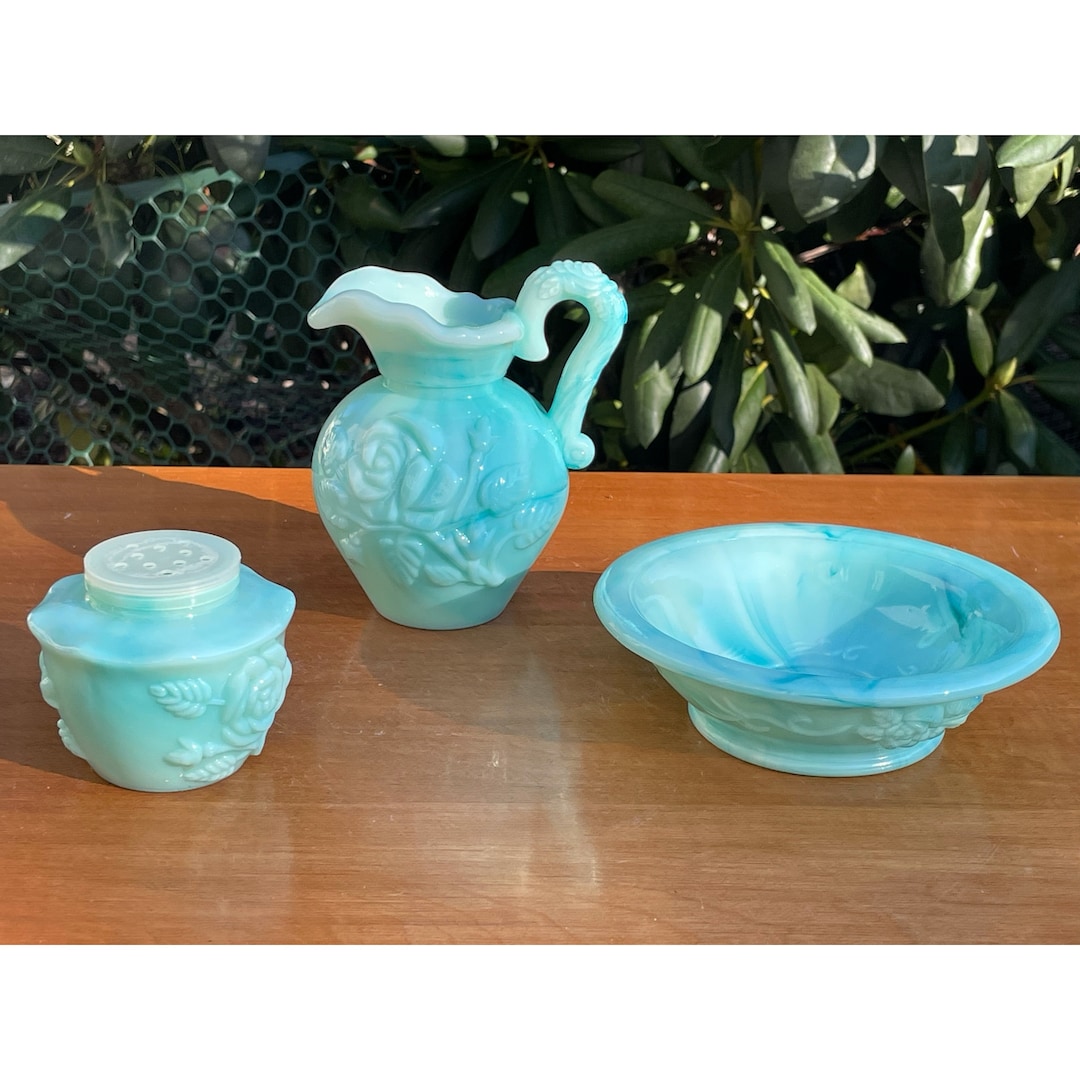 Vintage 1970s Avon Jadeite Glass Moonwind Vanity Set Powder Sachet ...