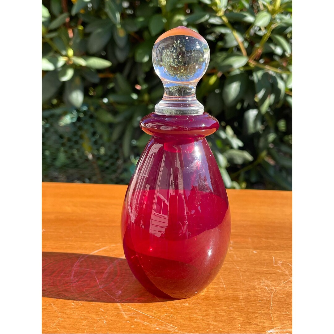 Vintage Red Hand Blown Glass Small Vanity Bottle Heavy Clear Glass ...