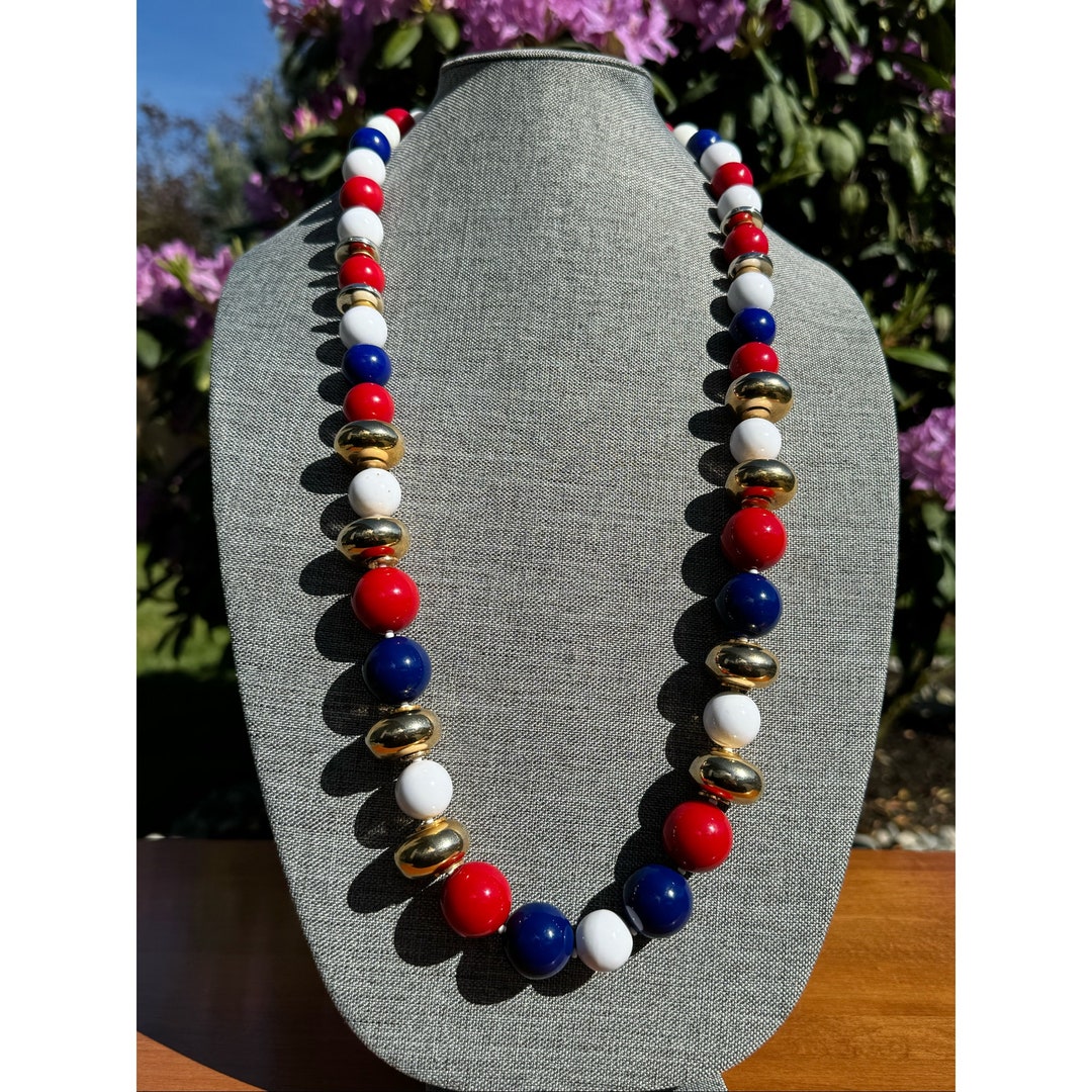 RARE Vintage Singed MIRIAM HASKELL Red White Blue Long Lucite Large ...