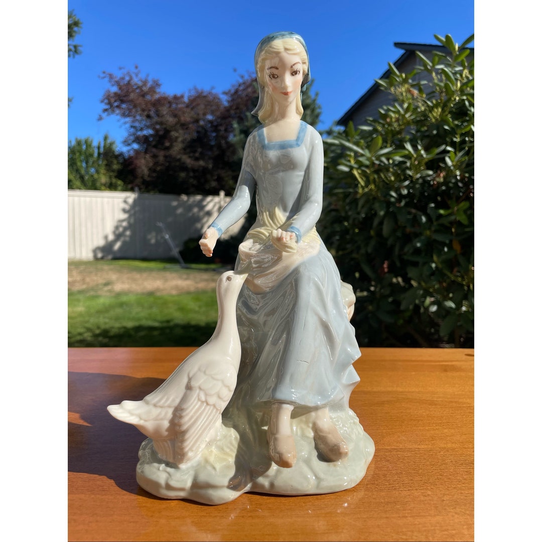 Vintage Collectable Porcelain Sculpture Woman Feeding Goose 11" Tall ...