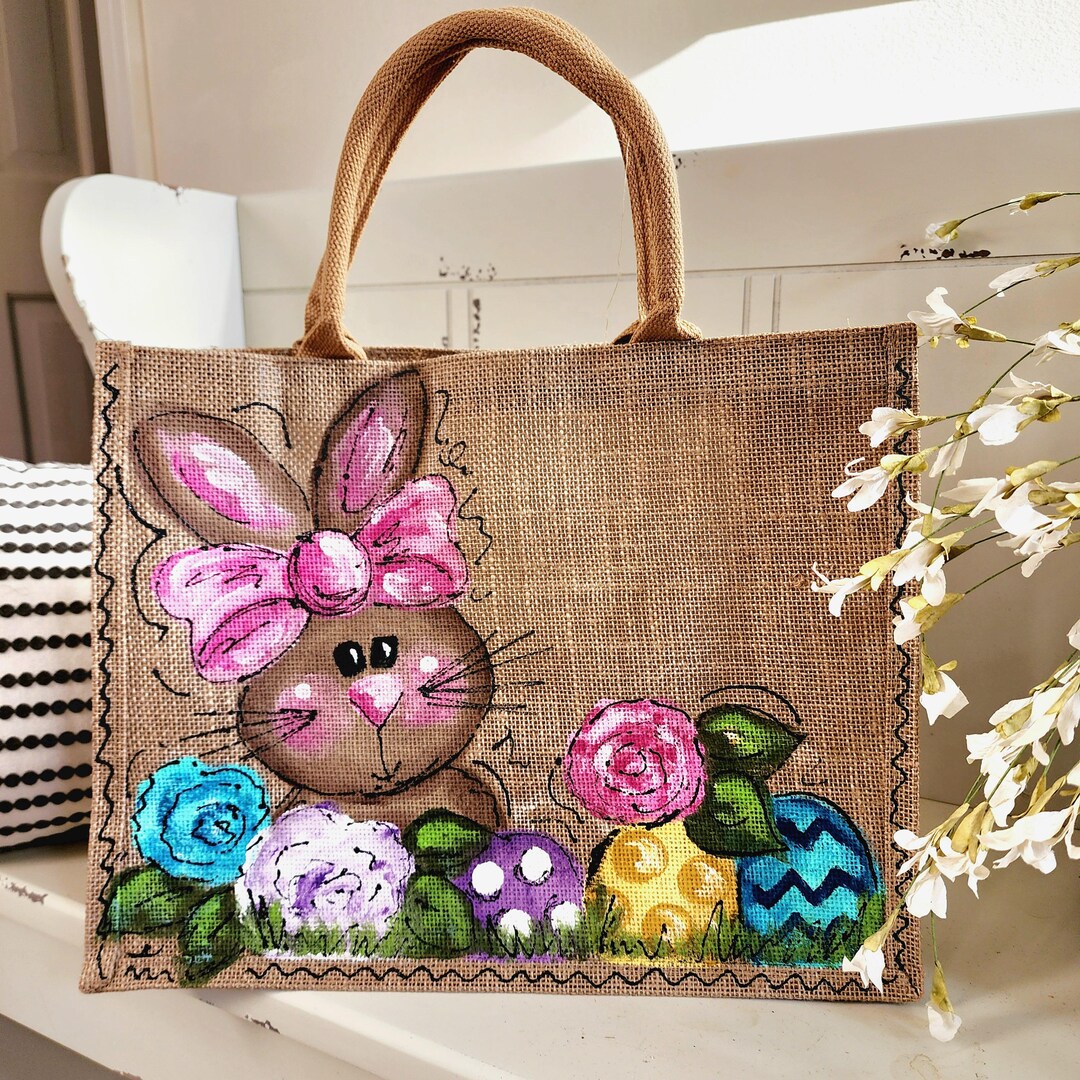 Hand Painted Spring Easter Bag, Personalized Easter Bag, Burlap Bag ...