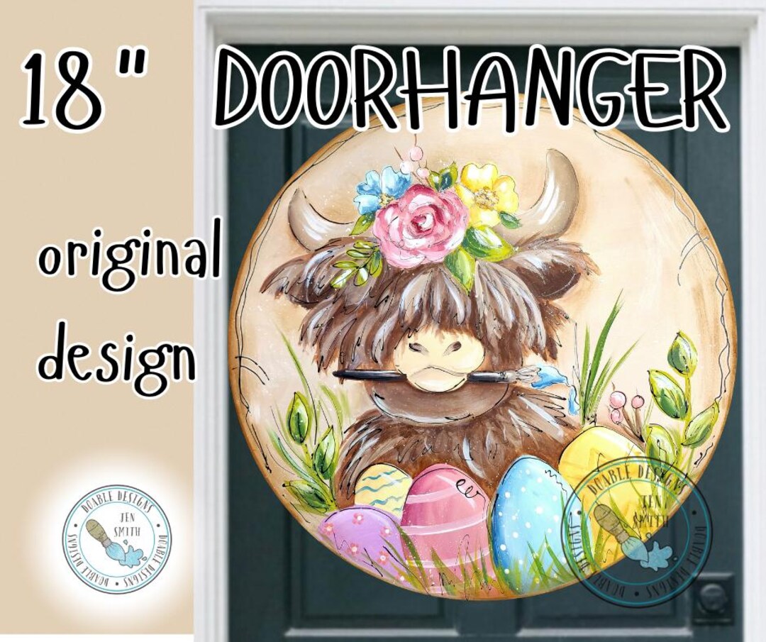 Easter Highland Cow Doorhanger. Spring Door Decoration, Cow Doorhanger ...