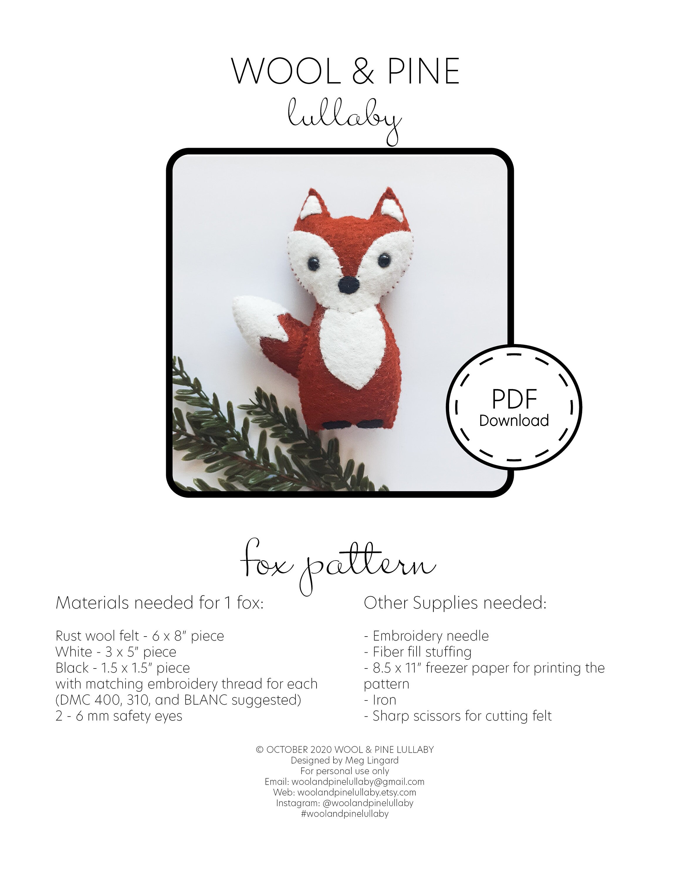 Fox Pattern PDF/ Felt Fox/ Sewing Pattern/ Instant Download/ - Etsy