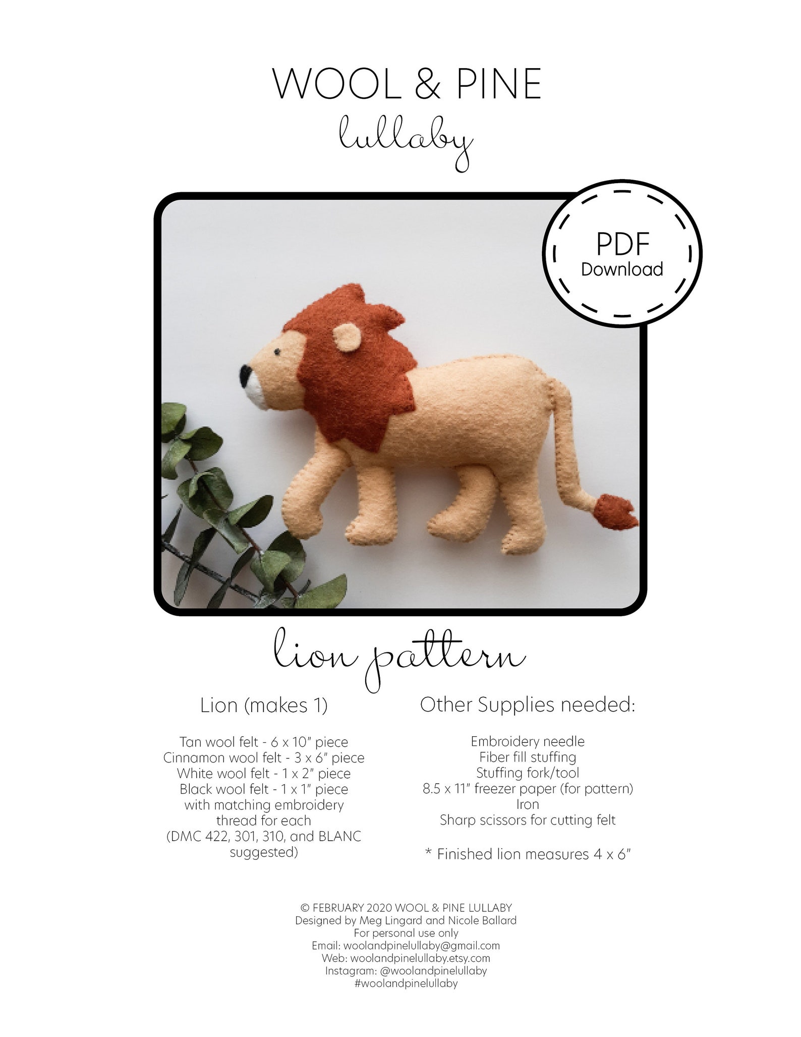 Lion Pattern PDF/ Felt Lion/ Sewing Pattern/ Instant Download/ - Etsy