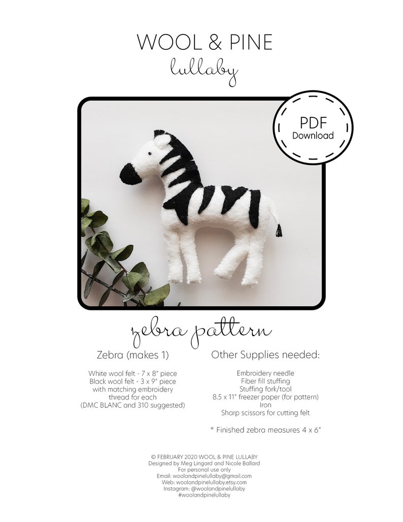 Zebra Pattern PDF Felt Zebra Sewing Pattern Zebra | Etsy