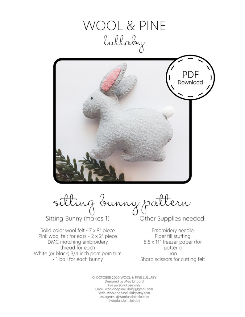 Sitting Bunny Felt Pattern PDF/ Felt Bunny/ Sewing Pattern/ Instant ...
