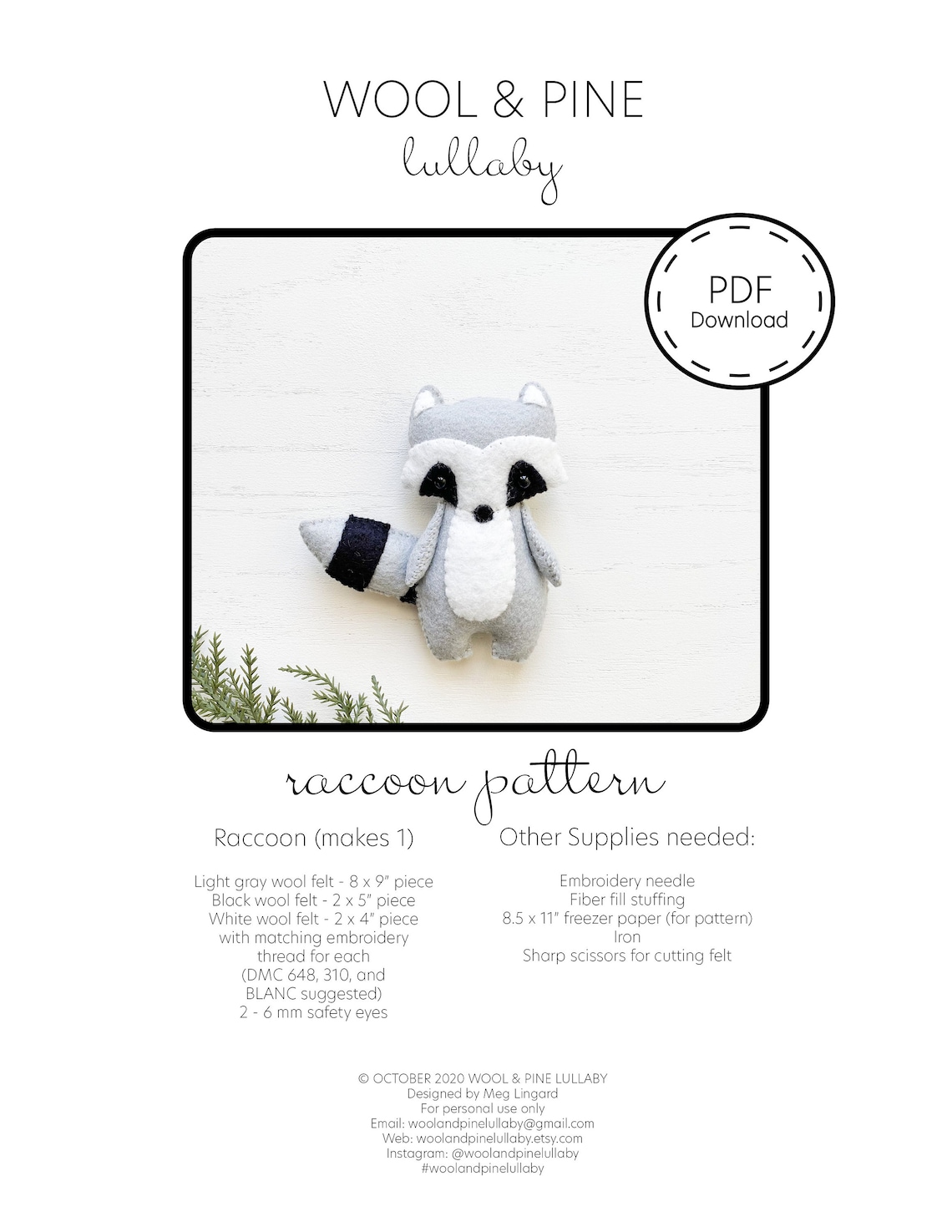 Raccoon Pattern PDF/ Felt Raccoon/ Sewing Pattern/ Instant Download ...