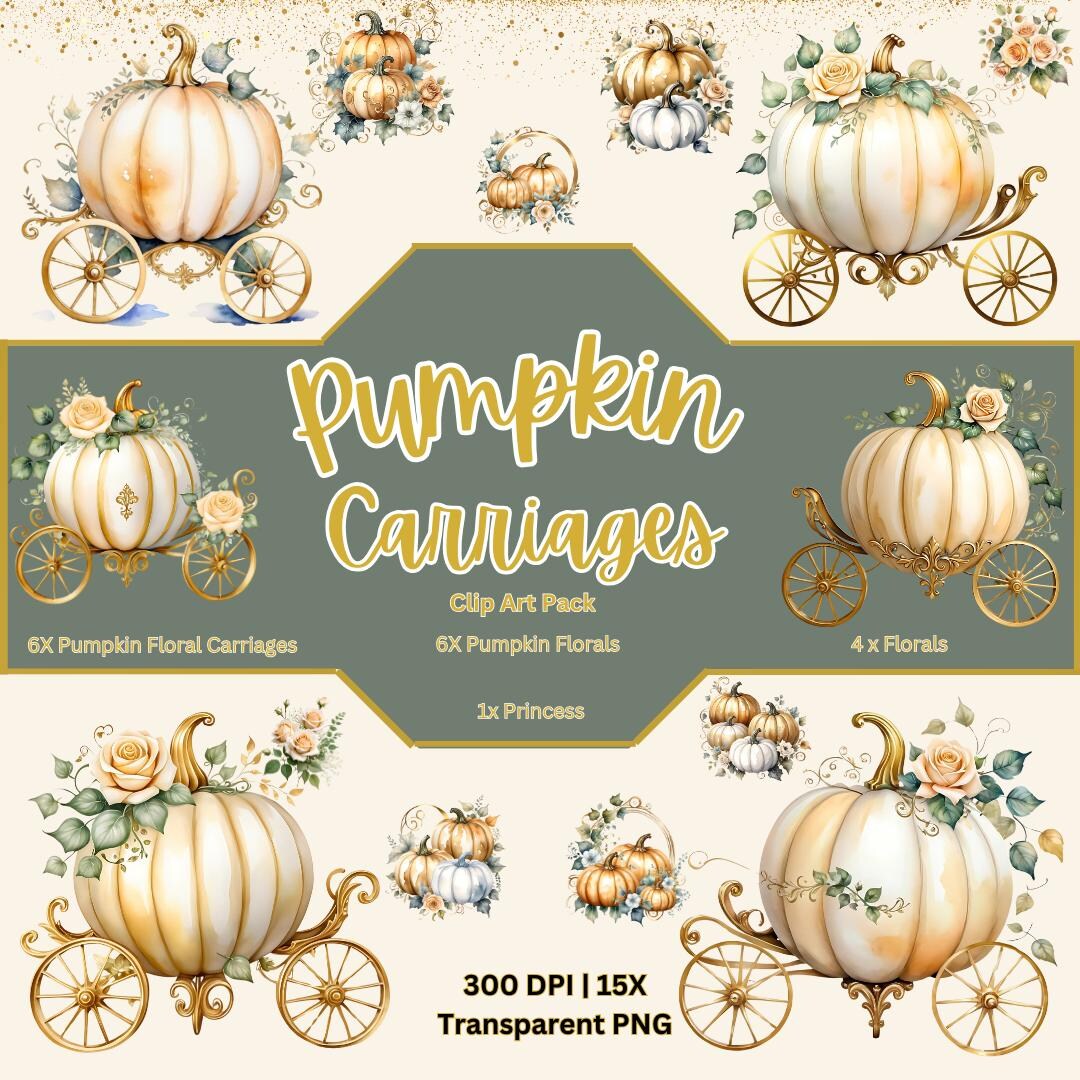 Pumpkin Carriage Clipart, Watercolor Princess Clip Art, Instant ...