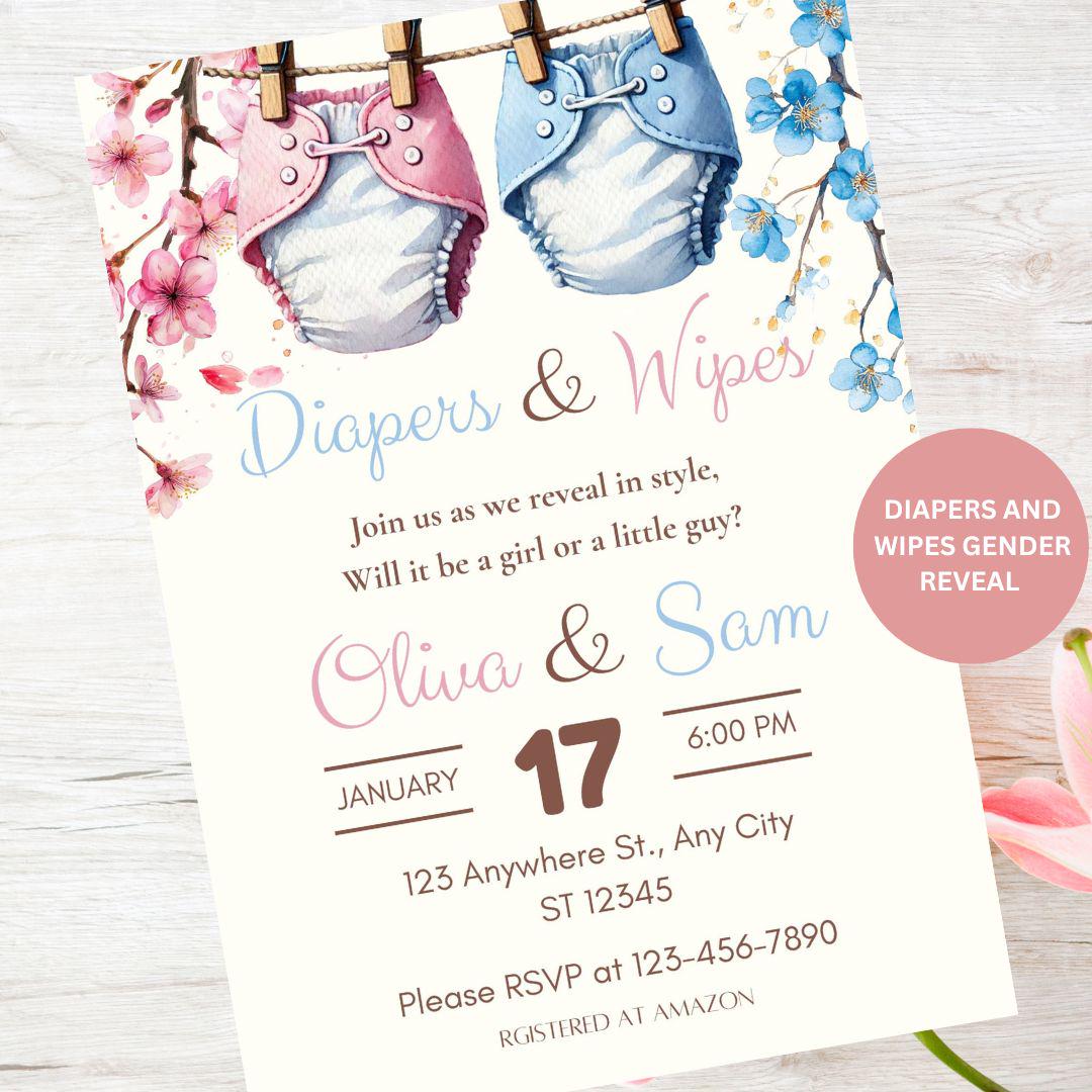 Diapers and Wipes Gender Reveal Invitations, Editable Templates for ...