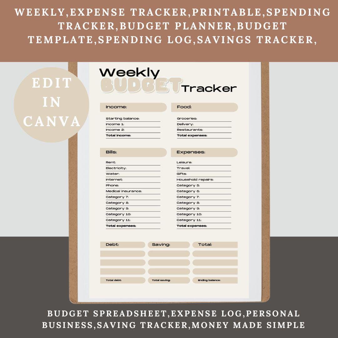 Weekly Budget Tracker Printable: Financial Overview Template (PDF) - Etsy