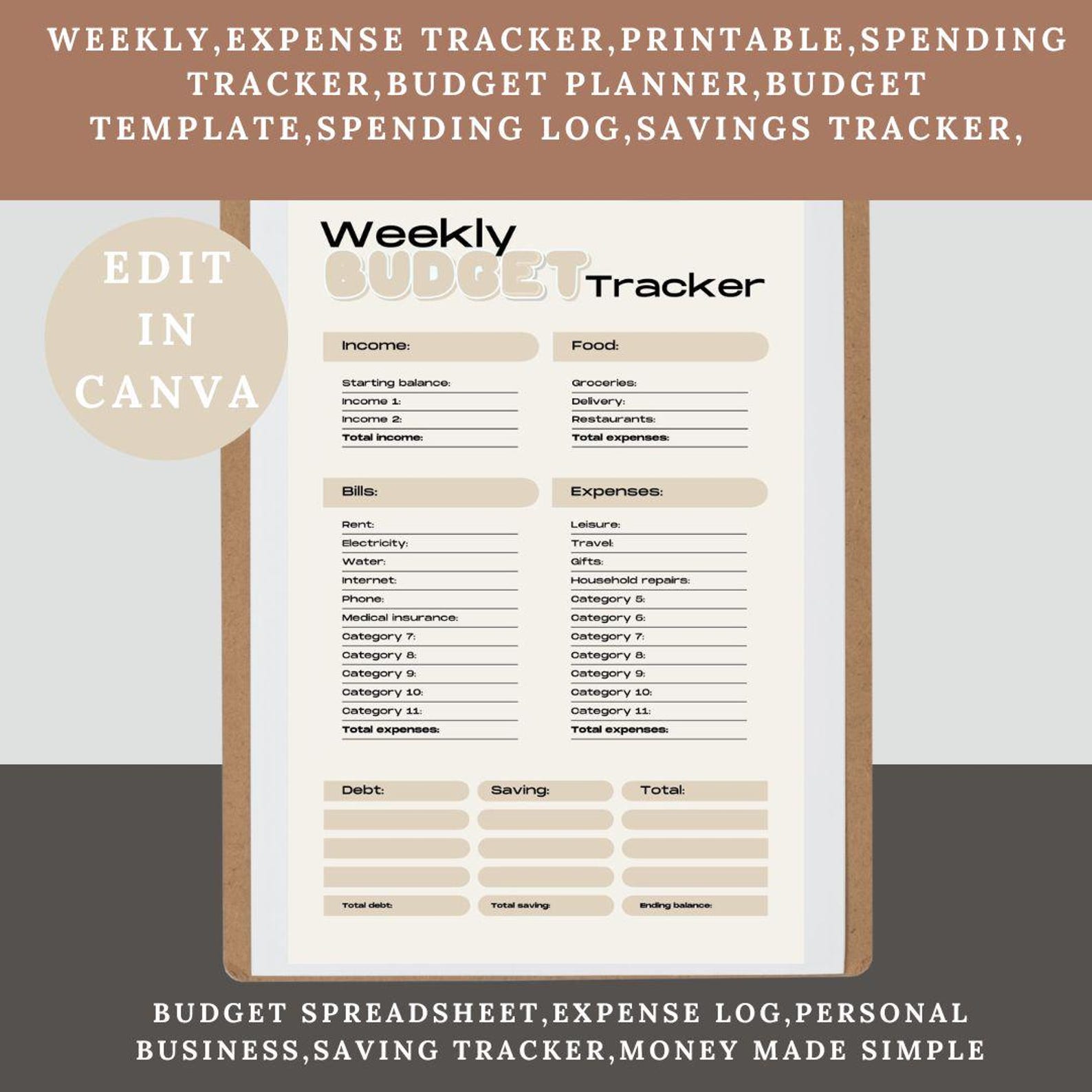 Weekly Budget Tracker Printable: Financial Overview Template (PDF) - Etsy
