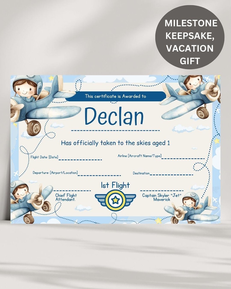 First Flight Certificate for Kids, Editable Toddler Award Template ...