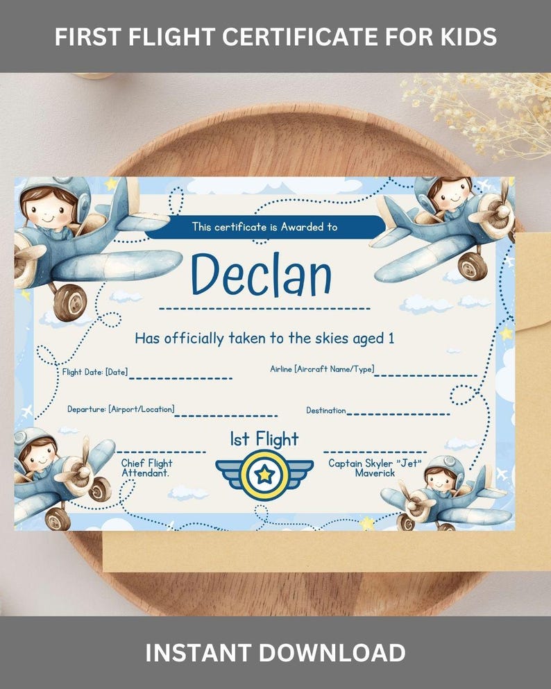 First Flight Certificate for Kids, Editable Toddler Award Template ...