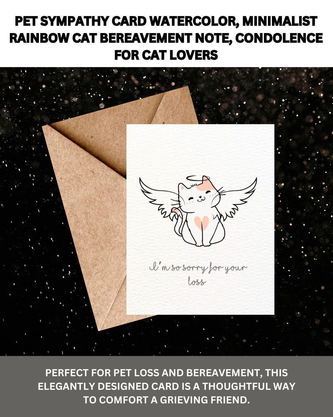 Pet Sympathy Card Watercolor, Minimalist Rainbow Cat Bereavement Note ...