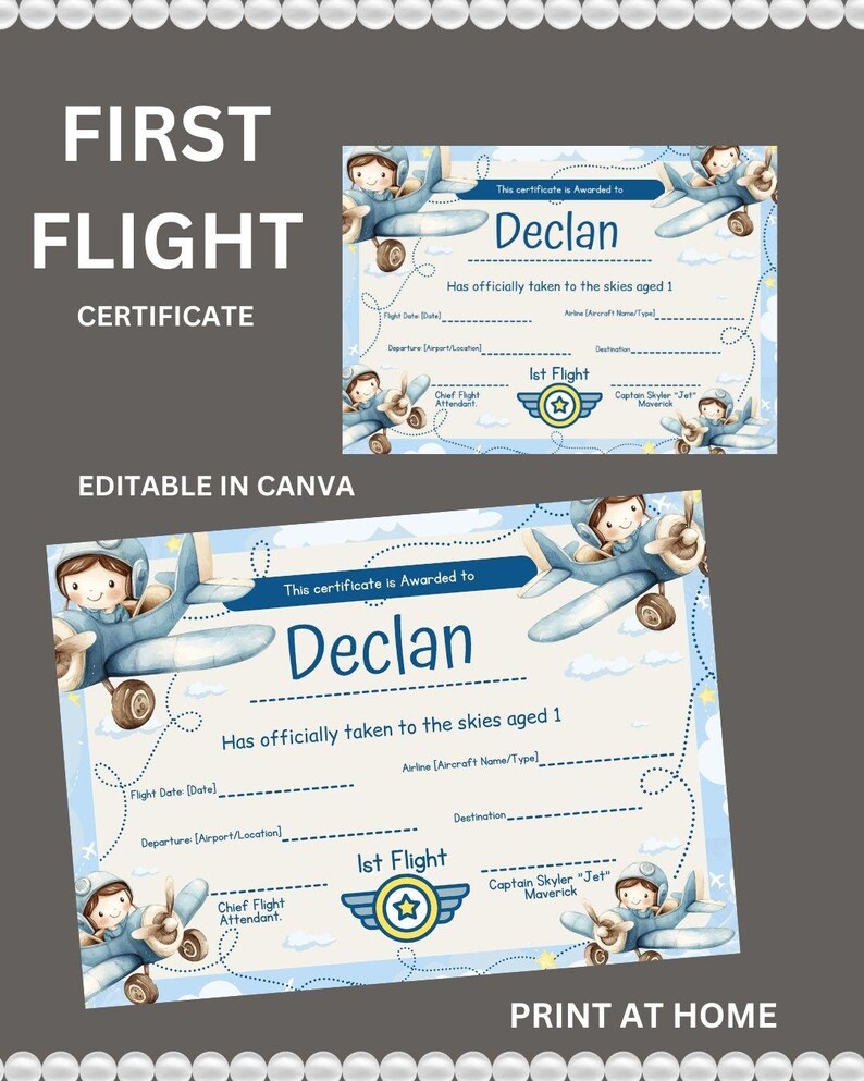 First Flight Certificate for Kids, Editable Toddler Award Template ...
