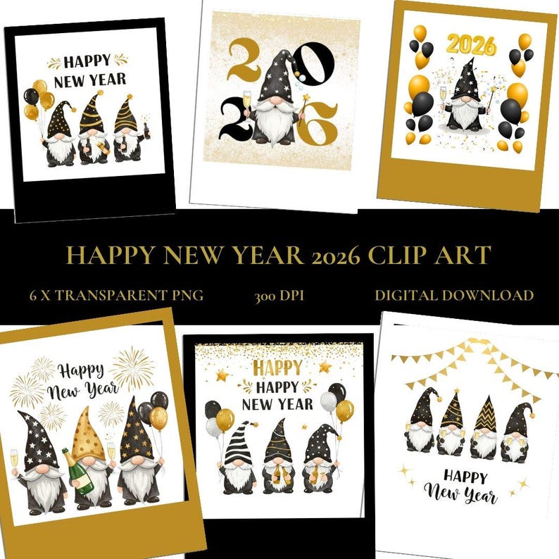 Happy New Year Clipart Black and Gold 2026 - Gnome Graphics, Confetti ...