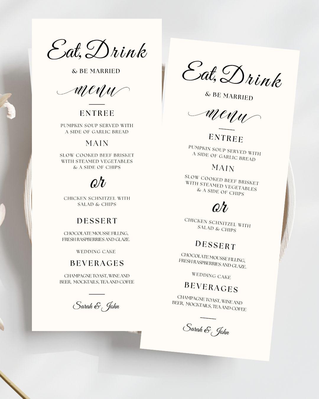Printable Wedding Menu Template - Eat Drink and Be Married - Editable ...