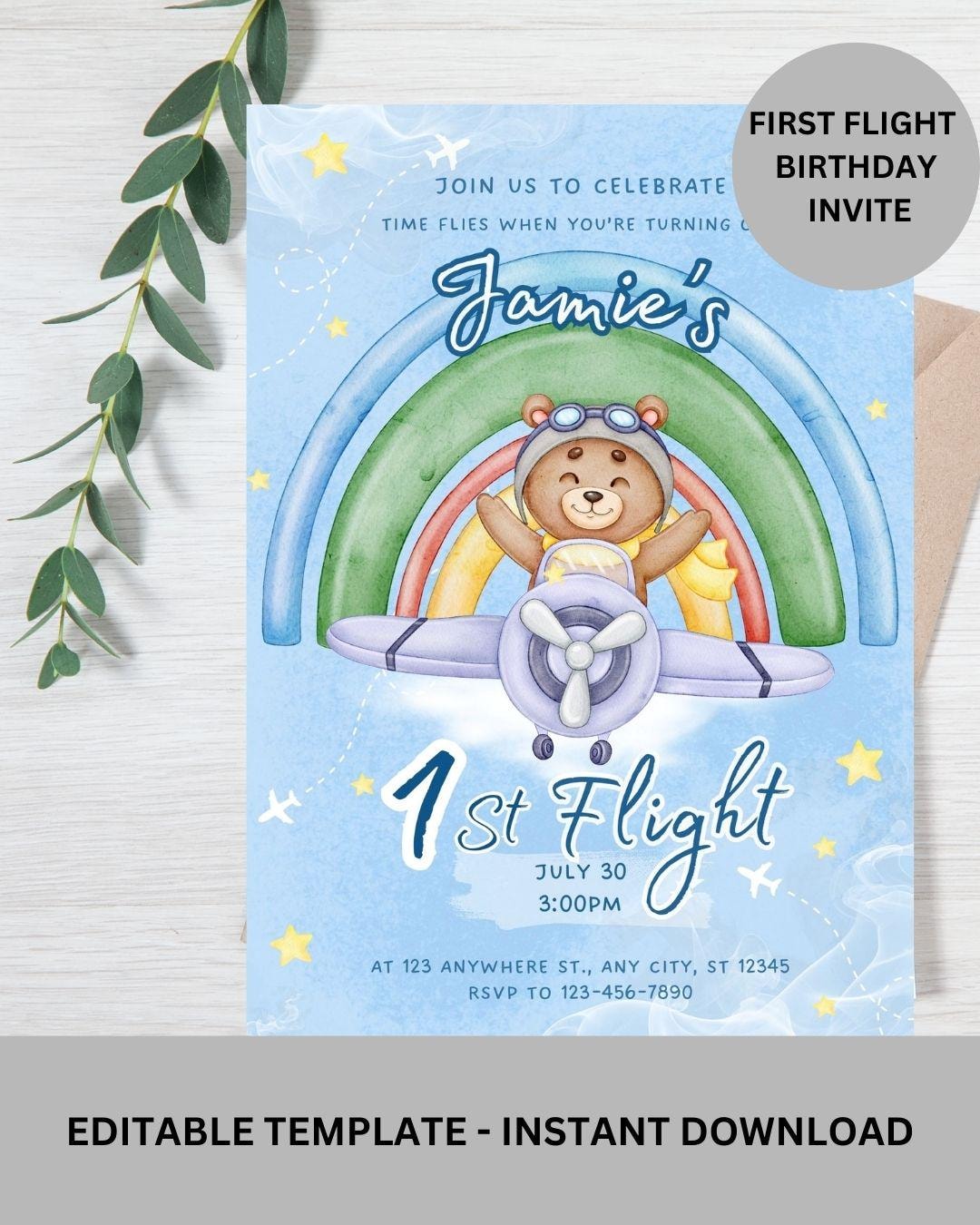 First Flight Birthday Invite - Airplane Party Decor - Editable Template ...