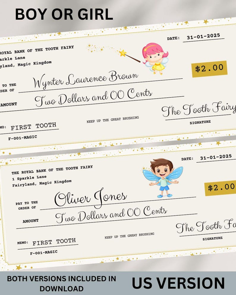 Editable Tooth Fairy Check & Receipt: Printable Certificate (instant ...