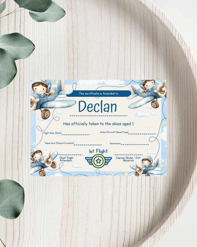 First Flight Certificate for Kids, Editable Toddler Award Template ...