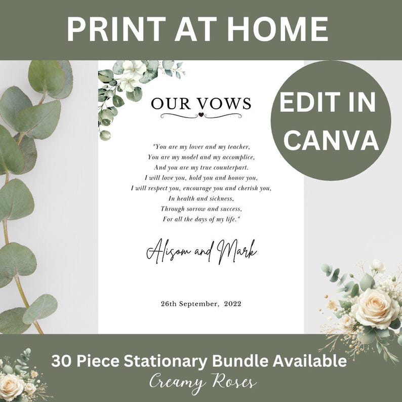 Wedding Vow Print Booklet, Customizable Minimalist Vow Book, Editable ...