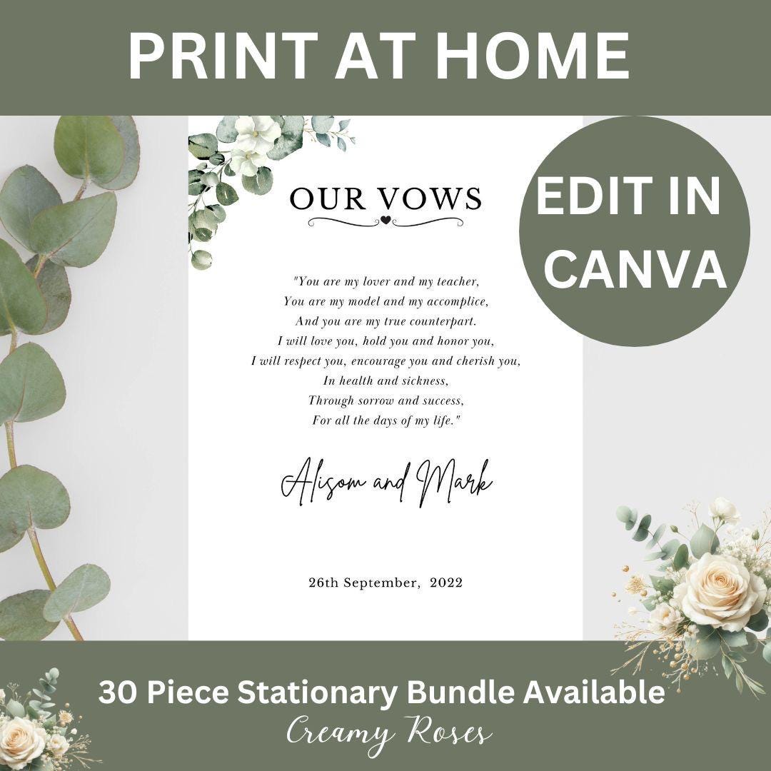 Wedding Vow Print Booklet, Customizable Minimalist Vow Book, Editable ...