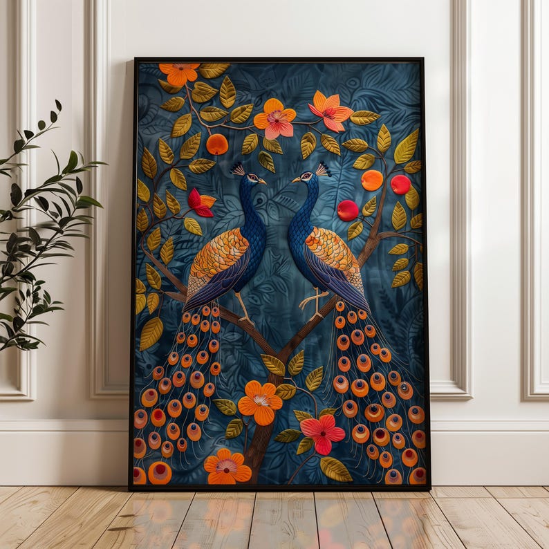 Blue & Orange Peacocks on Blossom Mango Tree Print, Madhubani and ...