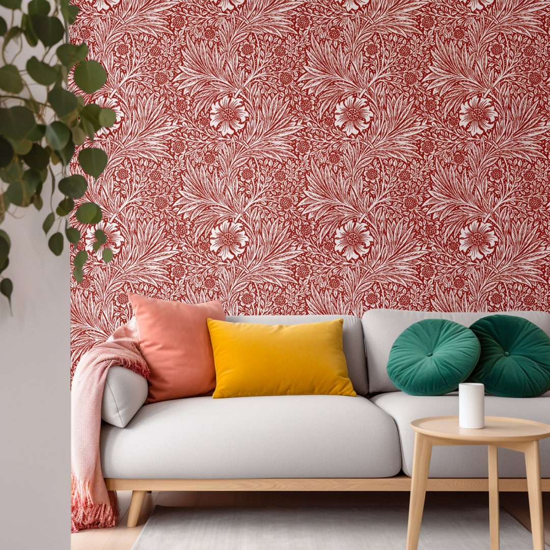 Marigold William Morris Red Botanical Wallpaper, Peel & Stick Floral ...