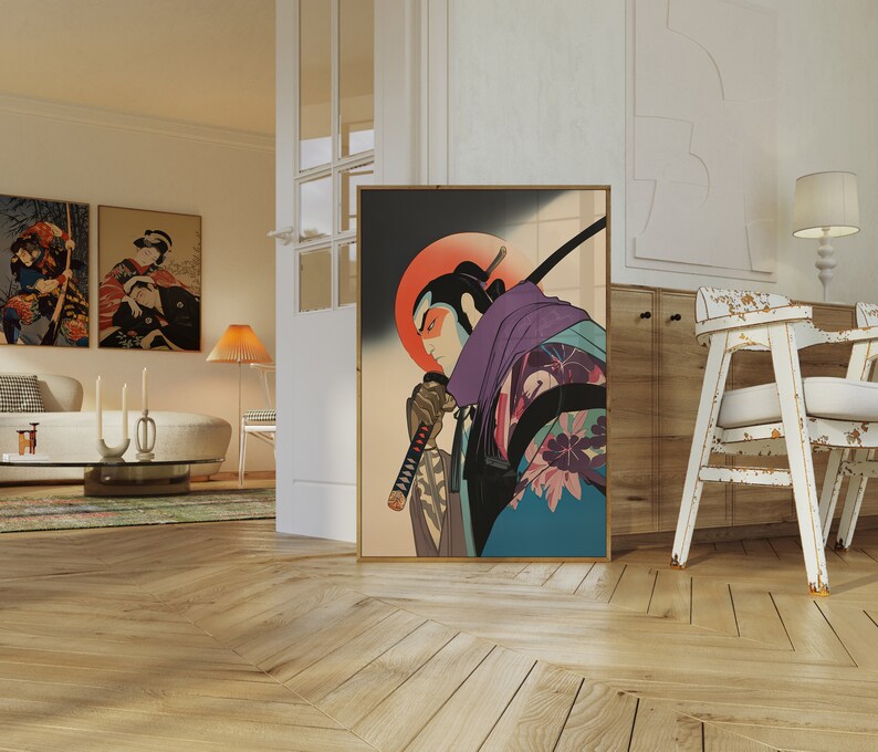Ukiyo-e Samurai Warrior Poster Japanese Mid-century Ronin Woodblock ...