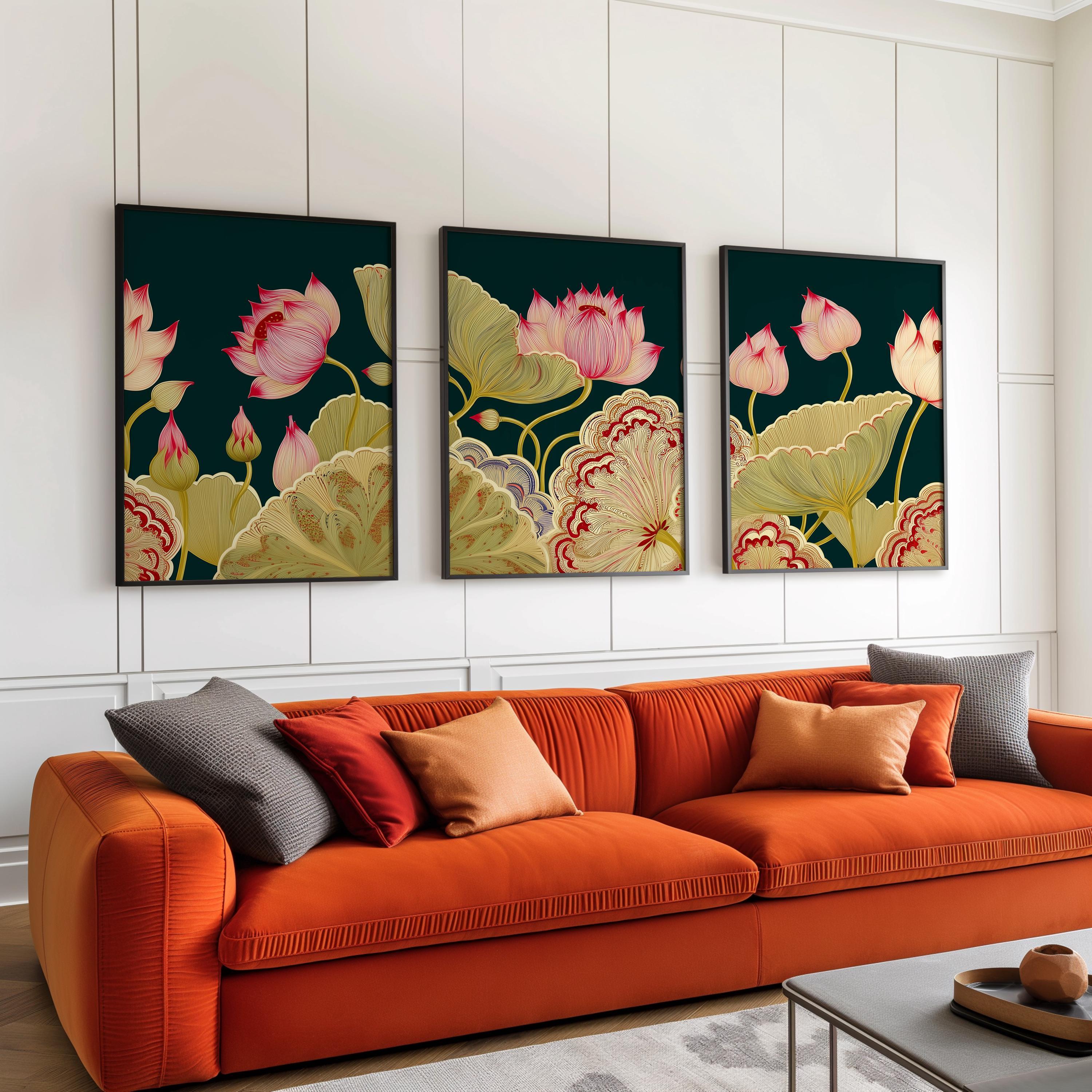 Set of 3 Indian Lotus Transitional Art Prints, Pichwai Inspired Floral ...
