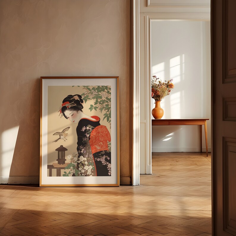 Japanese Geisha & Bird Ukiyo-e Poster Edo Period Paintings Reproduction ...