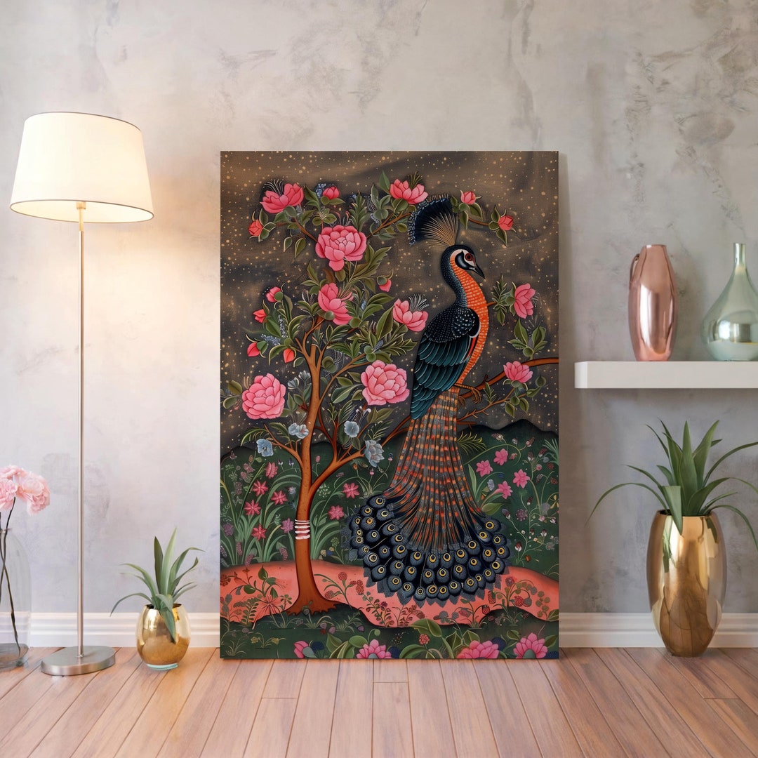 Peacock & Pink Flowers Indian Folk Art Style Artwork, Vibrant Print on ...