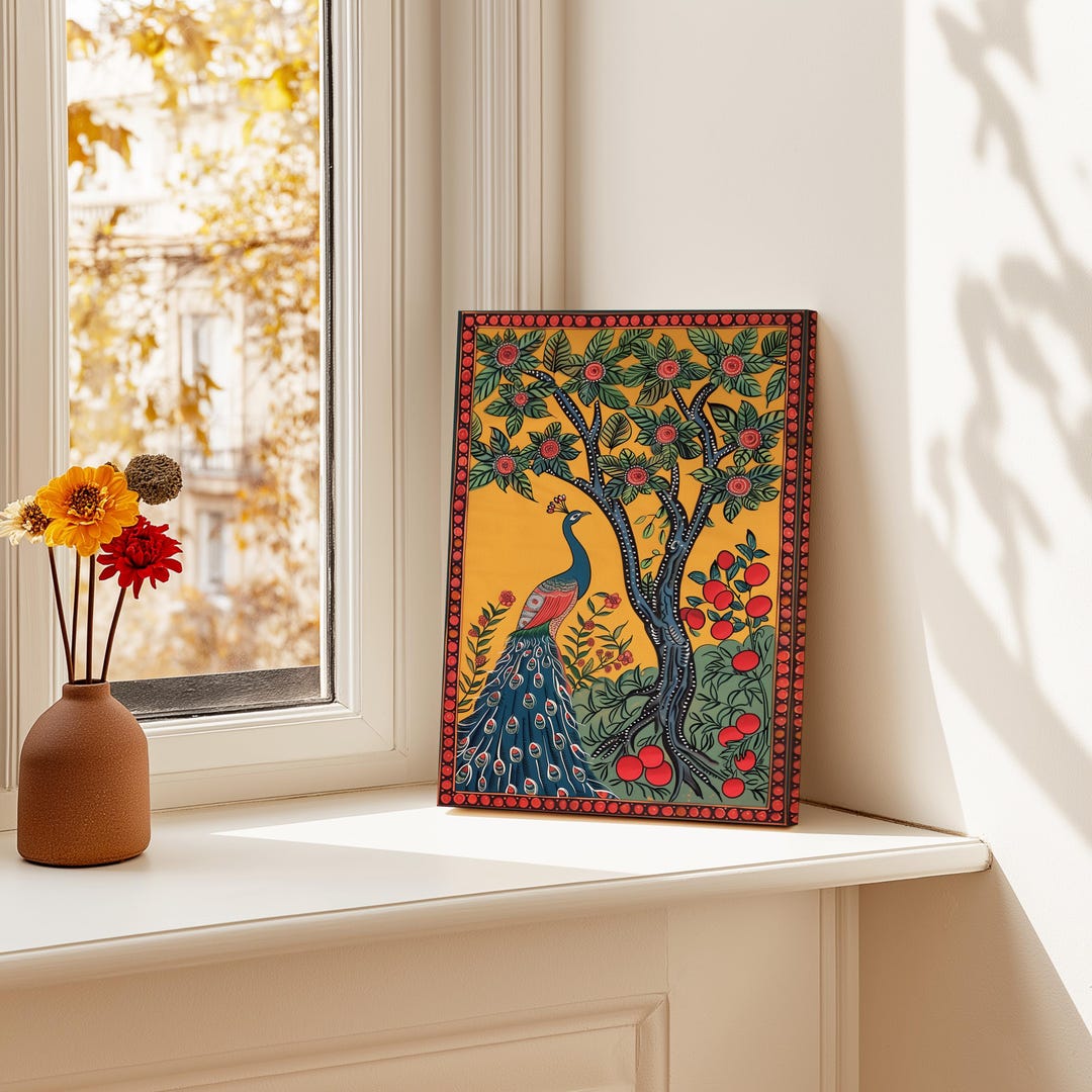 Indian Peacock and Mango Tree Print on Canvas, Stunning Madhubani Wall ...