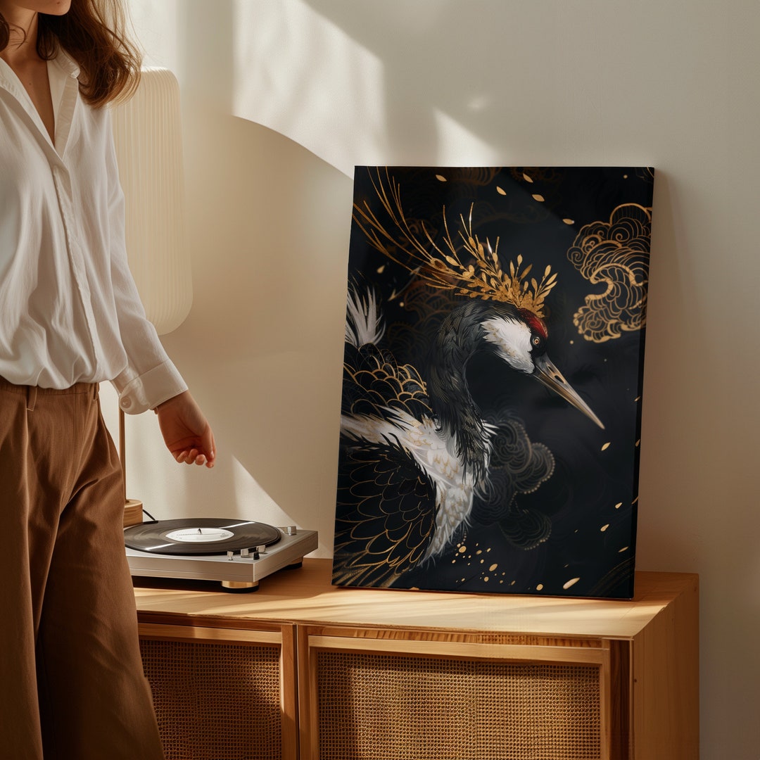 Black & Gold Red-crowned Crane Print on Canvas, Luxurious Gold Accent ...